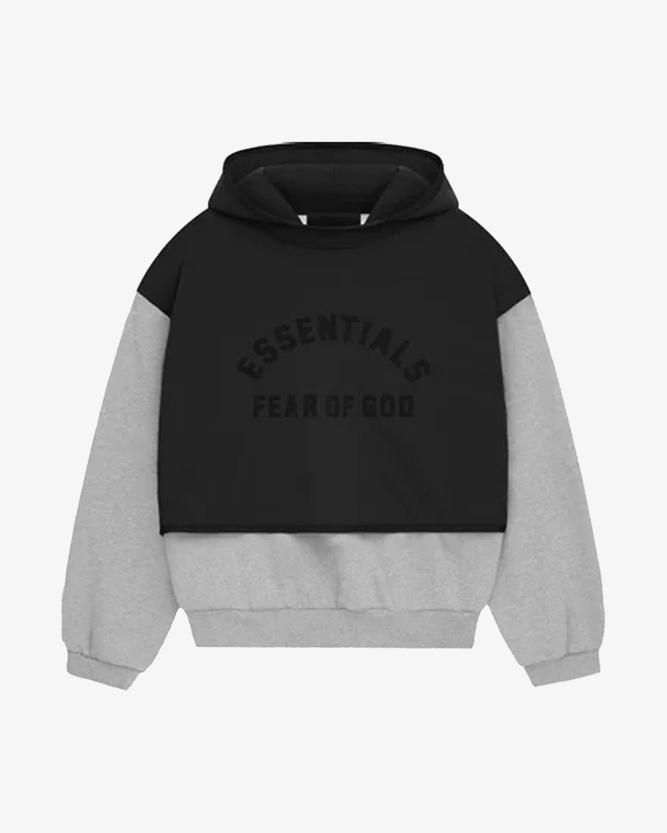 FOG ESSENTIALS FW24 LAYERED NYLON FLEECE HOODIE JET BLACK / LIGHT HEAT ...